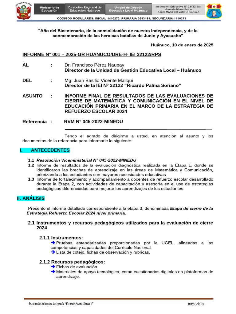 INFORME-DE-REFUERZO-ESCOLAR Primaria | PDF | Evaluación | Enseñando