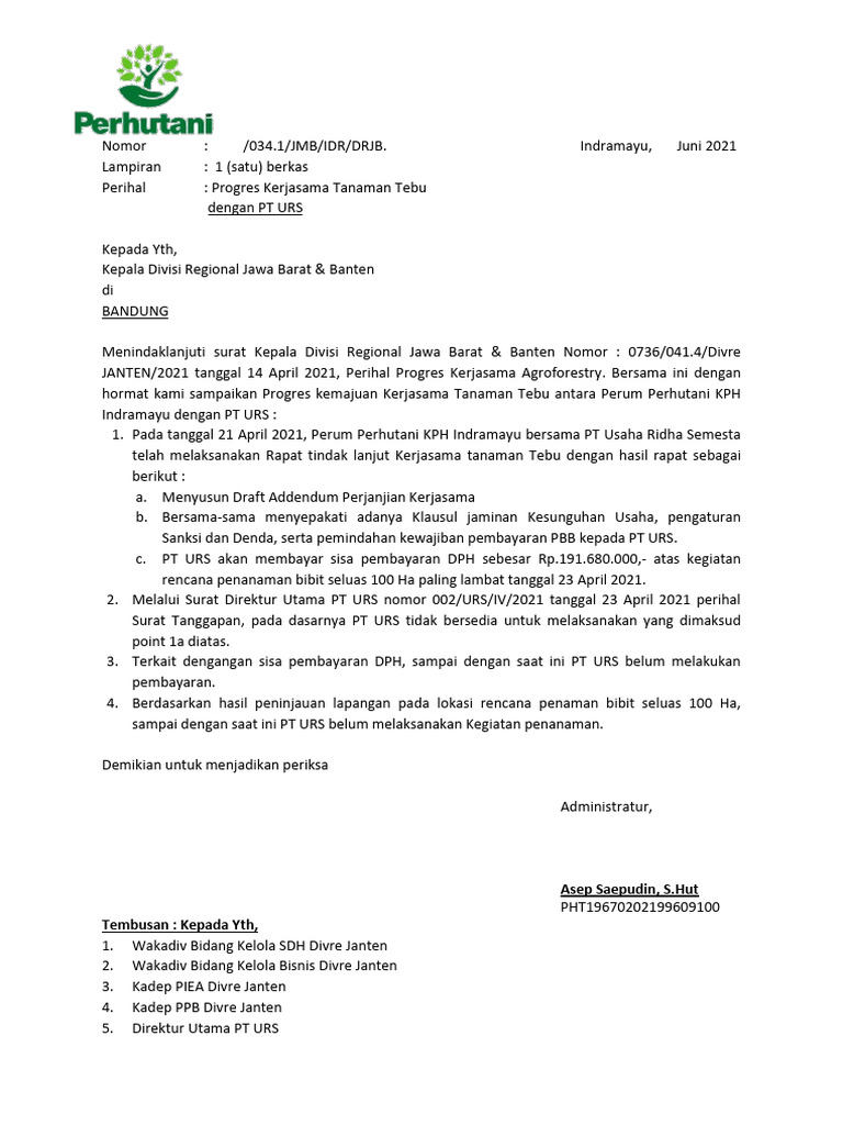 Draft Surat Progres Kerjasama Tebu (URS) | PDF