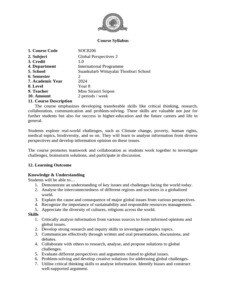 Y8 Global Perspectives Course Syllabus T2 2024 | PDF | Critical Thinking | Information