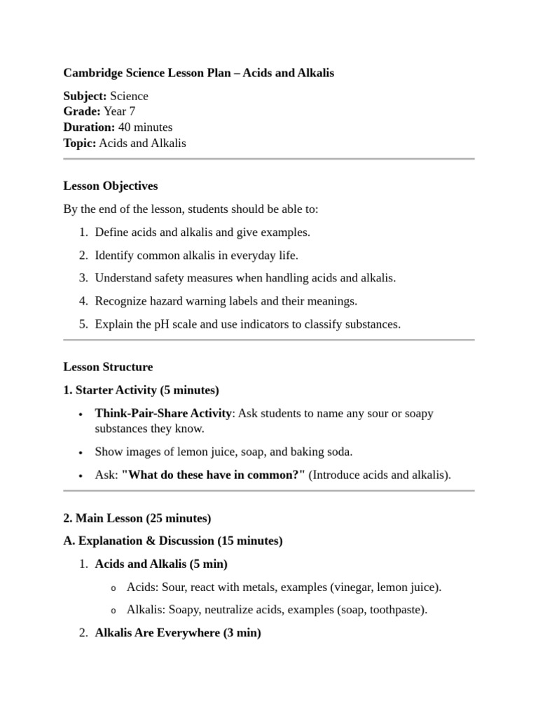 Year 7 Science Lesson Plan Pdf Acid Ph