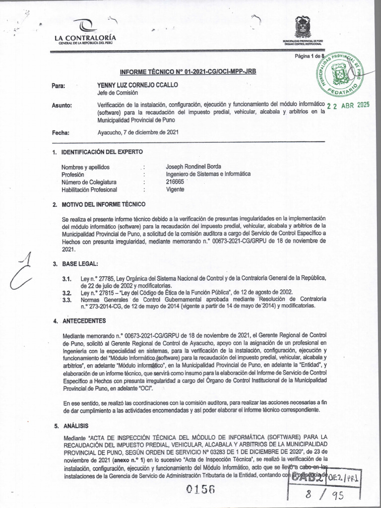 Informe Técnico #01-2021-Cg/oci-Mpp-Jrb | PDF