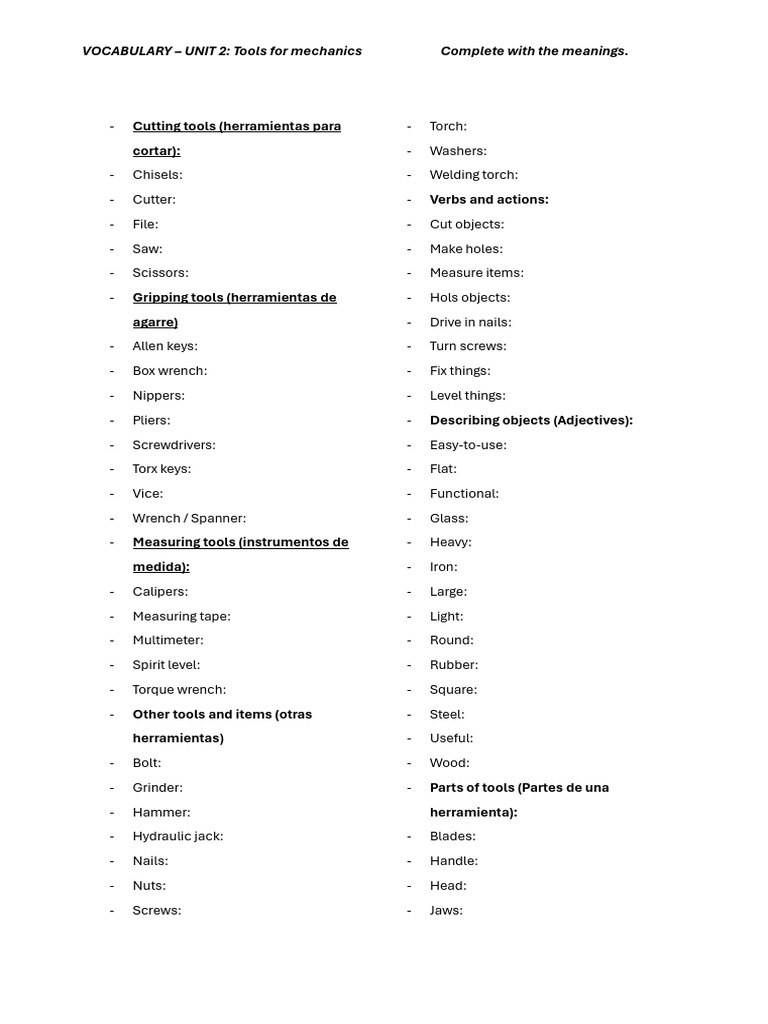 Vocabulary Unit 2 - Tools and Gadgets | PDF
