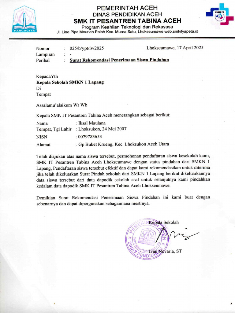 Surat Rekom Penerimaan Siswa Baru Iksal | PDF