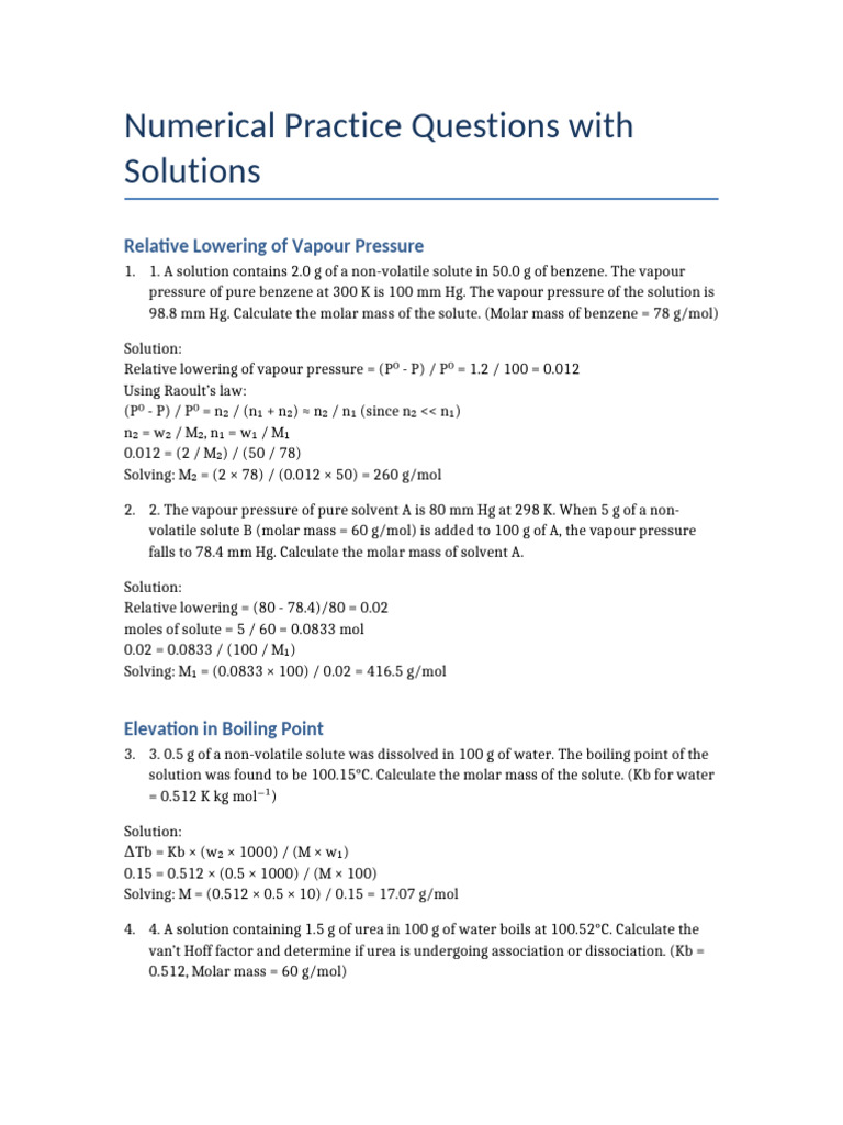Colligative Properties Numericals With Solutions | PDF | Quantity | Scientific Phenomena