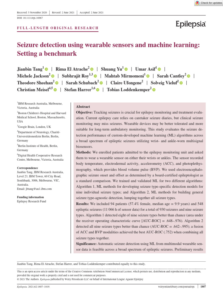 Epilepsia - 2021 - Tang - Seizure Detection Using Wearable Sensors and Machine Learning Setting ...