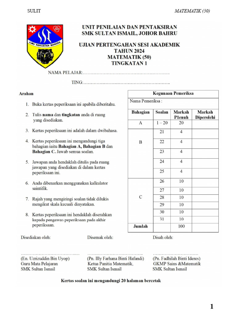 UPSA Matematik T1 2024 | PDF | Area | Length