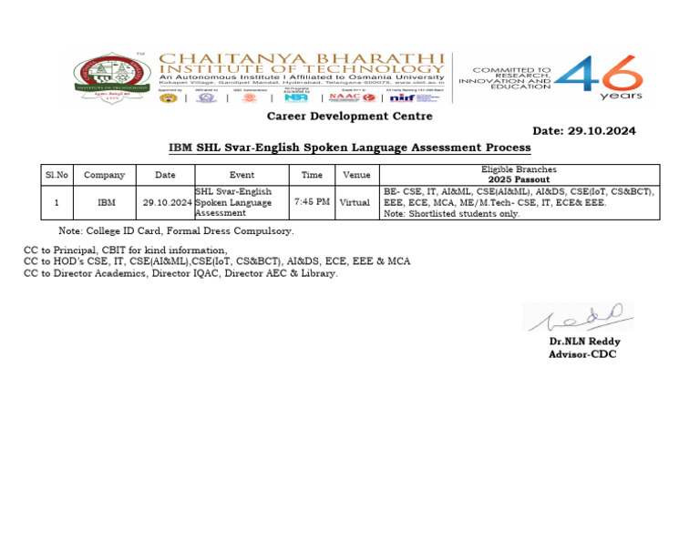 IBM SHL Svar English Spoken Language Assessment Placement Circular On 29.10.2024 | PDF