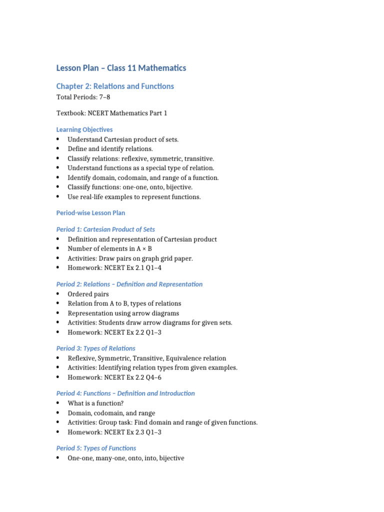 Lesson Plan Class11 Math Chapter2 Relations Functions | PDF