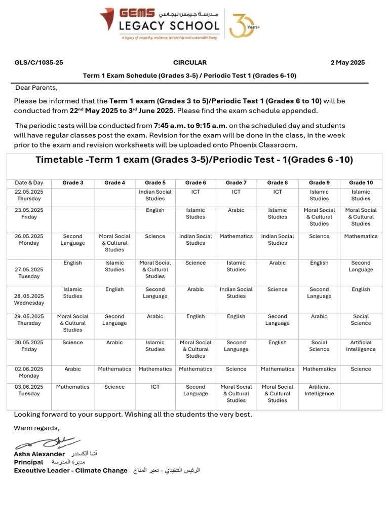 CIRCULAR1035-25 Term 1 Exam Schedule Grades 3-5 and Periodic Test 1 ...