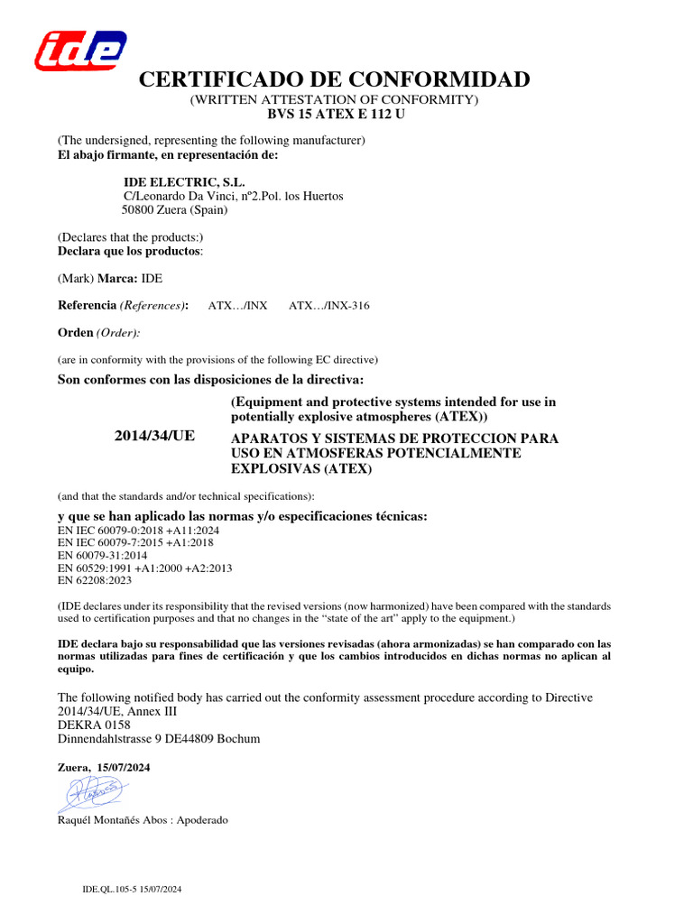06-Ide - Ql.105-5-Certificate of Conformity - Dekra-Atex-Argenta-Inox | PDF