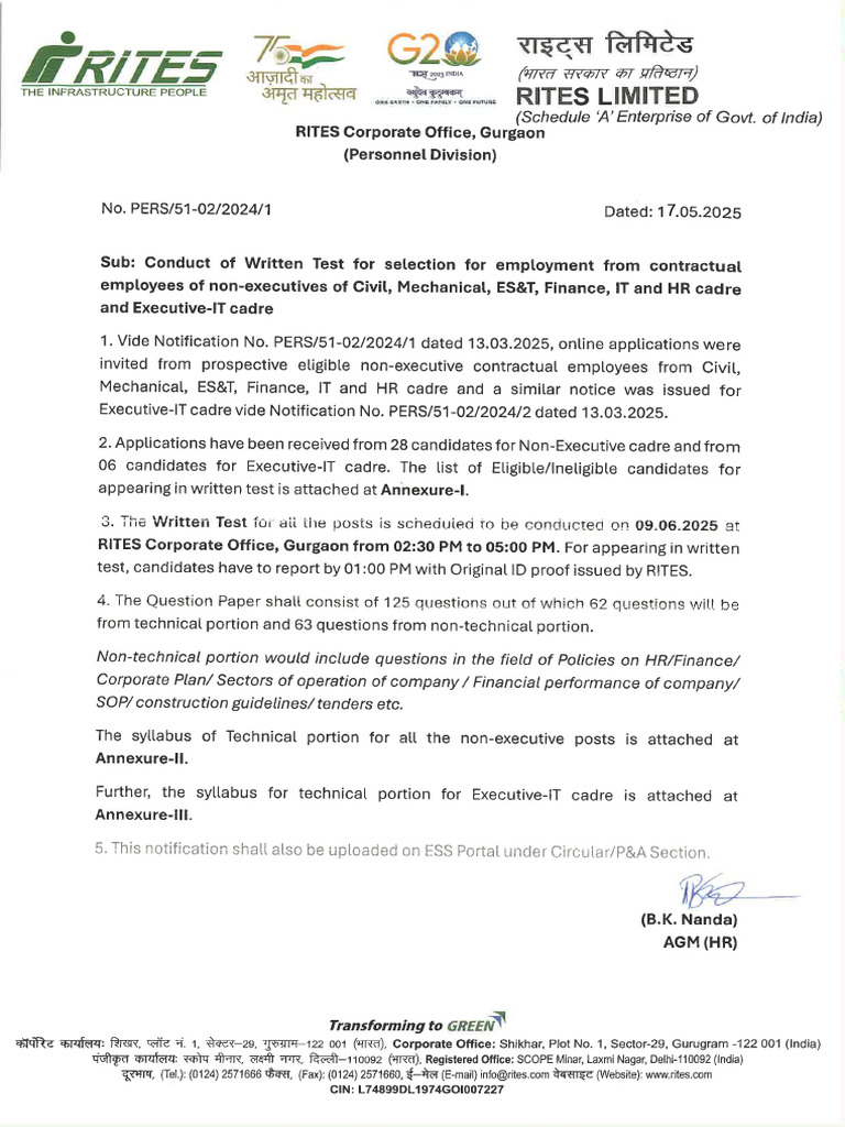 Circular For Written Test For Selection For Employment From Contractual ...