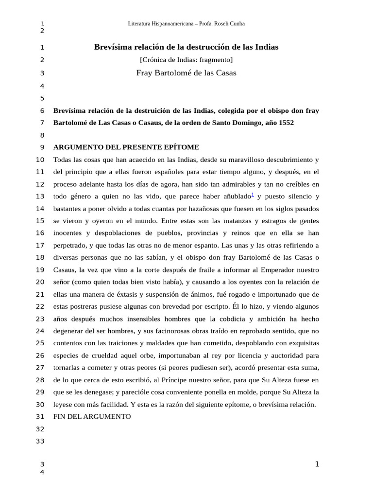 BARTOLOMÉ DE LAS CASAS Fragmento Brevísima Relación | PDF