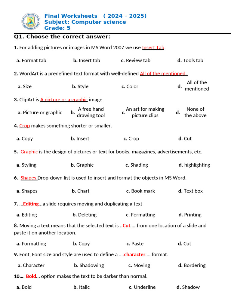 Grade 5 Final Worksheet Answer (2024 - 2025) | PDF | Microsoft Word ...