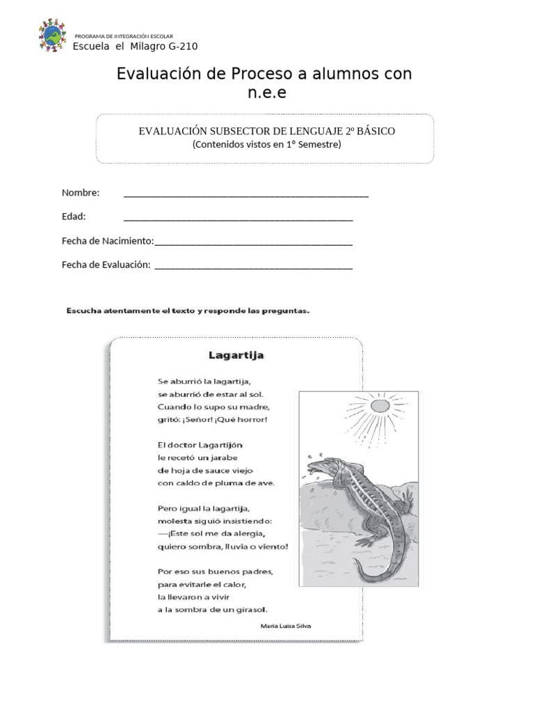 Evaluación Lectora 2º Básico N.E.E. | PDF