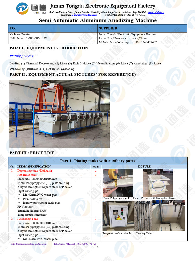 (To MR - Isaac Possin) Junan Tongda Quotation - Semi Automatic Aluminum Anodizing Equipment ...