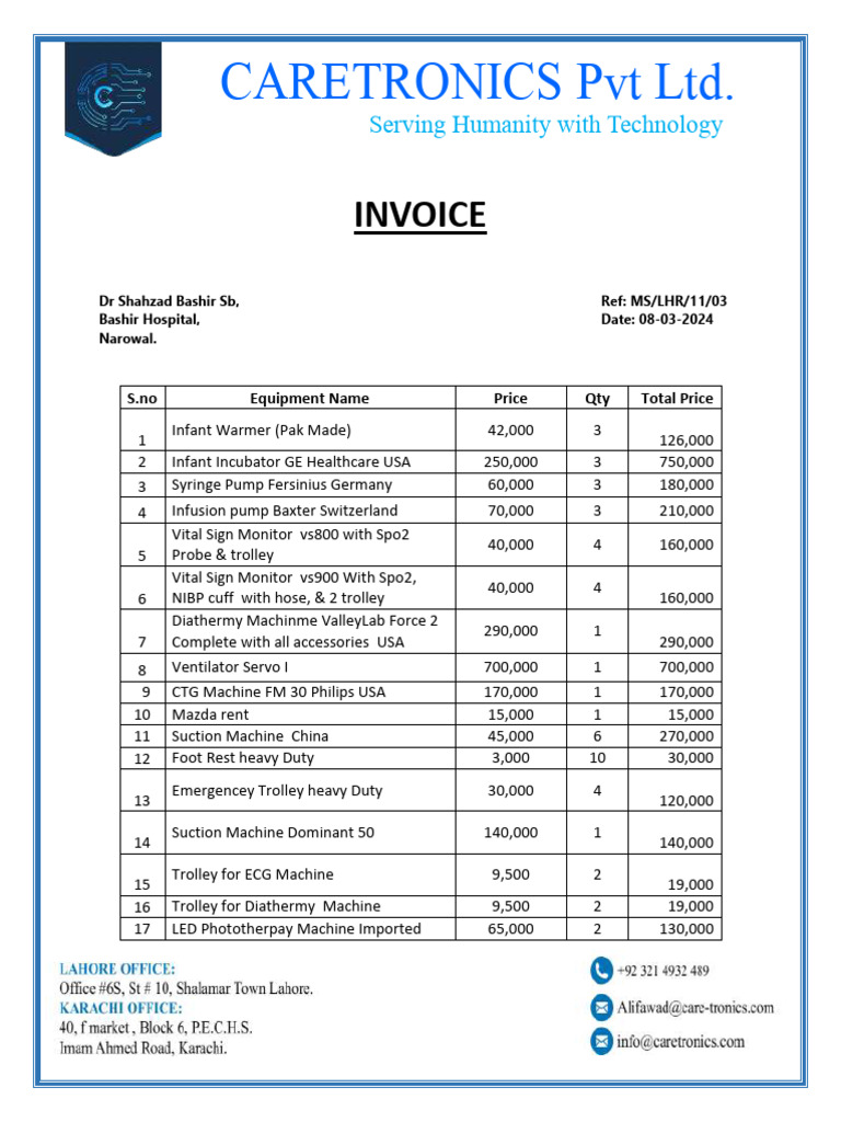 Bashir Hospital Invoice Revised | PDF | Medicine | Medical Equipment