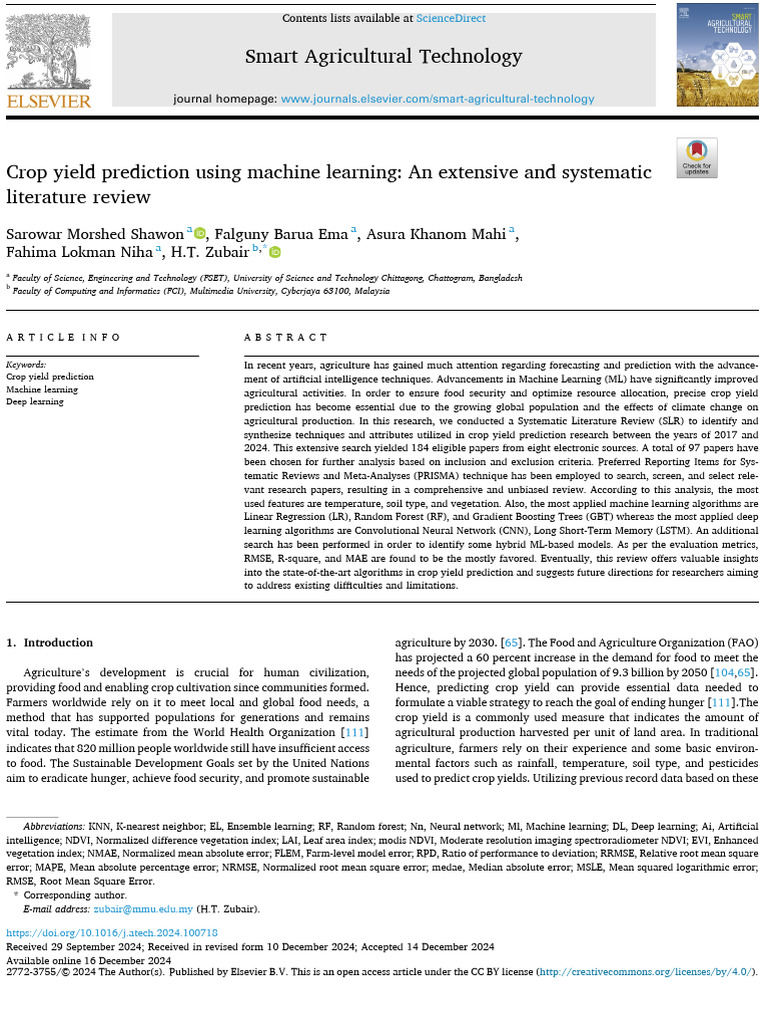 crop yield prediction machine learning review shawon 2025 | PDF | Machine Learning | Deep Learning
