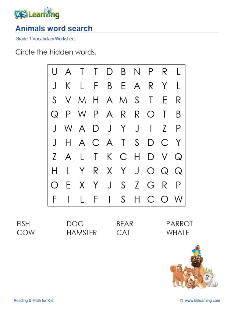 Animals Word Search for Grade 1 | PDF
