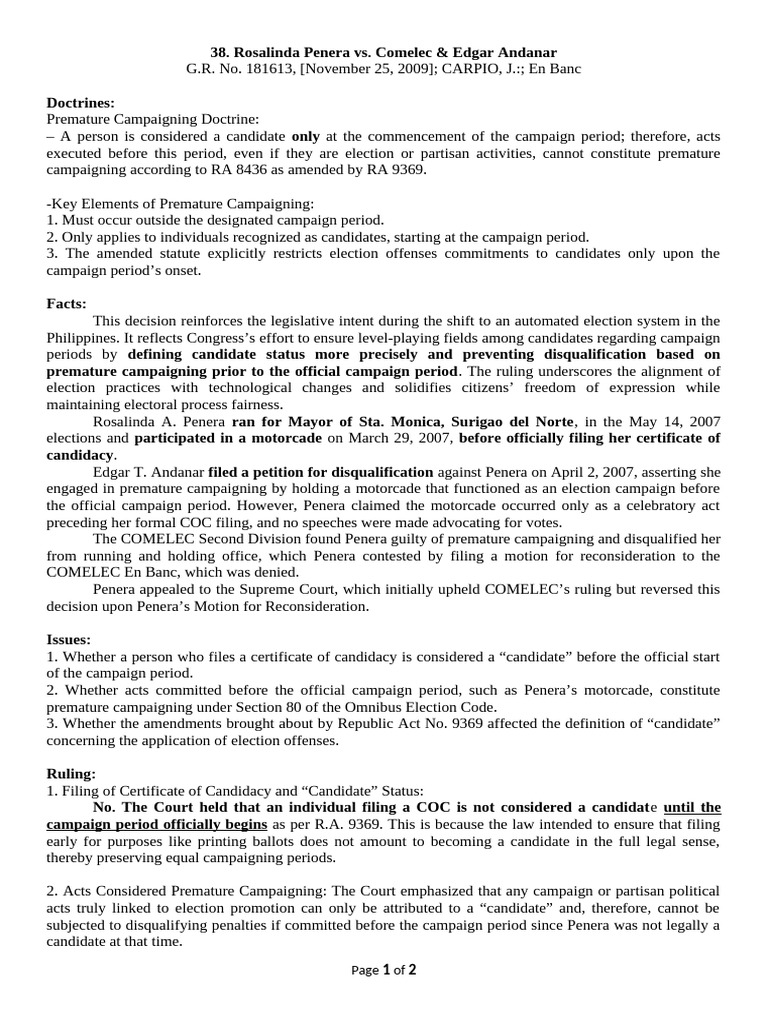 Rosalinda Penera vs. Comelec & Edgar Andanar | PDF | Elections ...