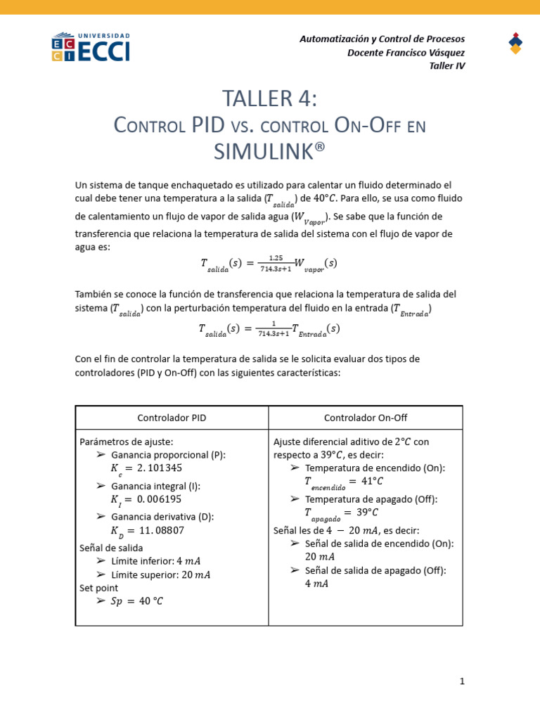 TALLER 4_ Control PID vs. control On-Off en SIMULINK® (1) | PDF