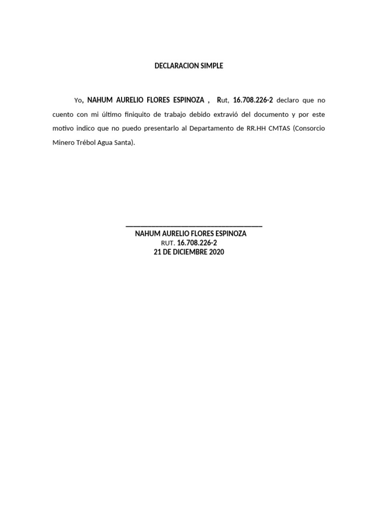 Formato Declaracion Simple Finiquito | PDF