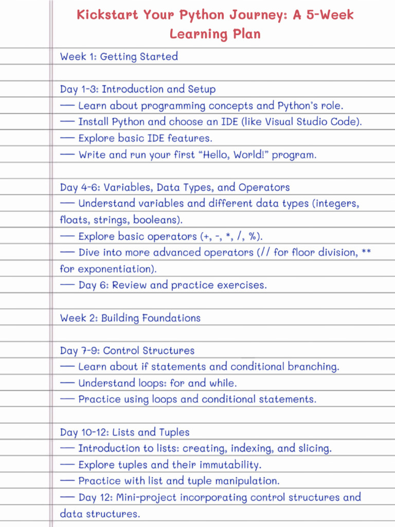 Kickstart Your Python Journey A 5-Week Learning Plan | PDF