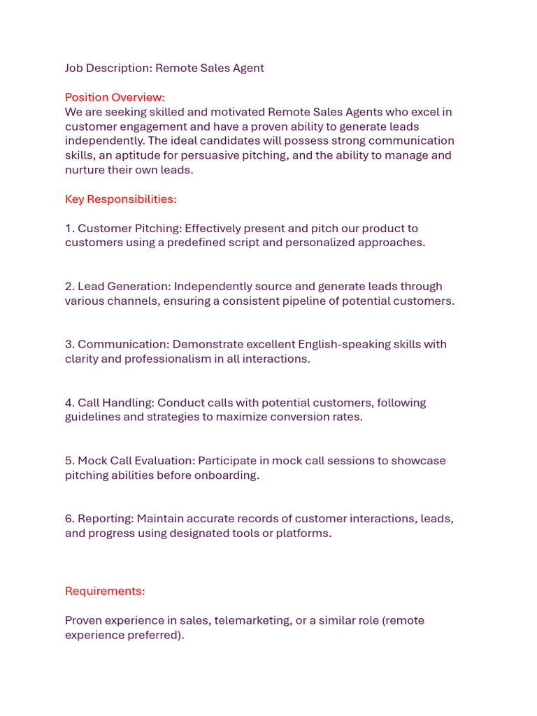 Remote Sales Agent | PDF