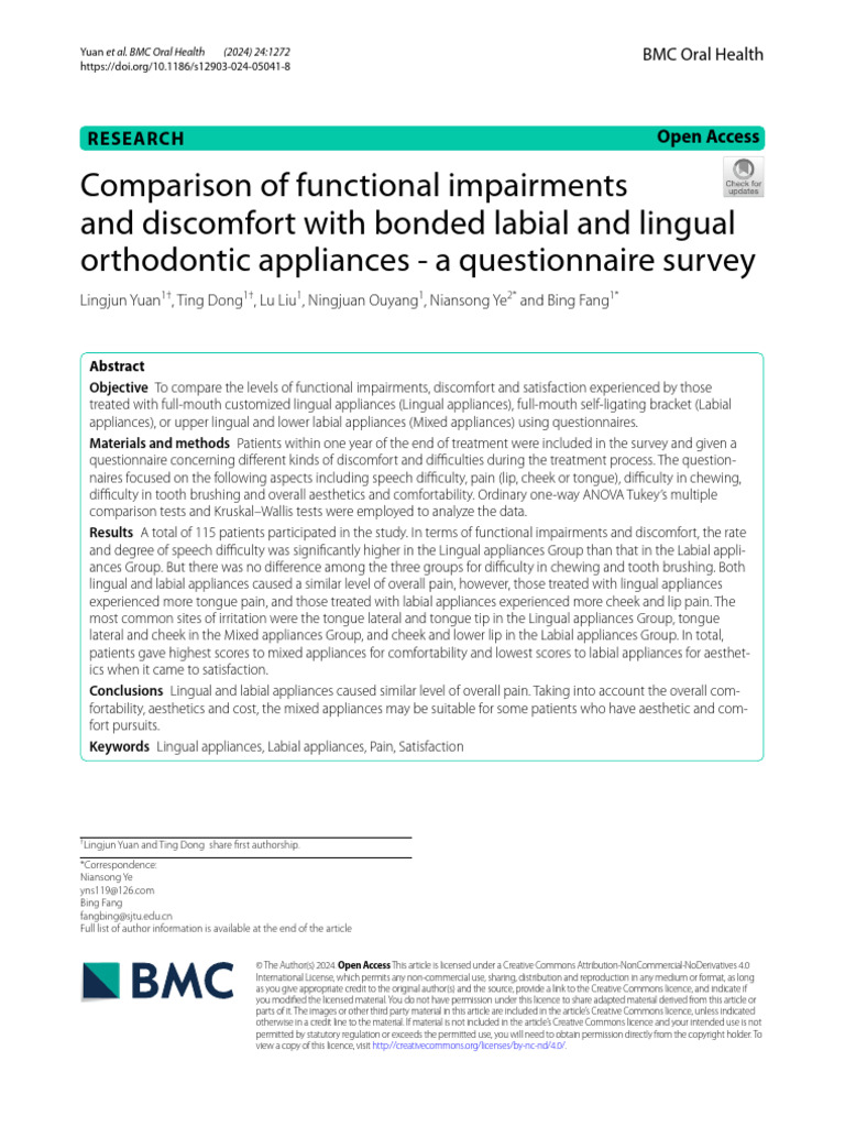 Comparison of Functional Impairments and Discomfort With Bonded Labial ...