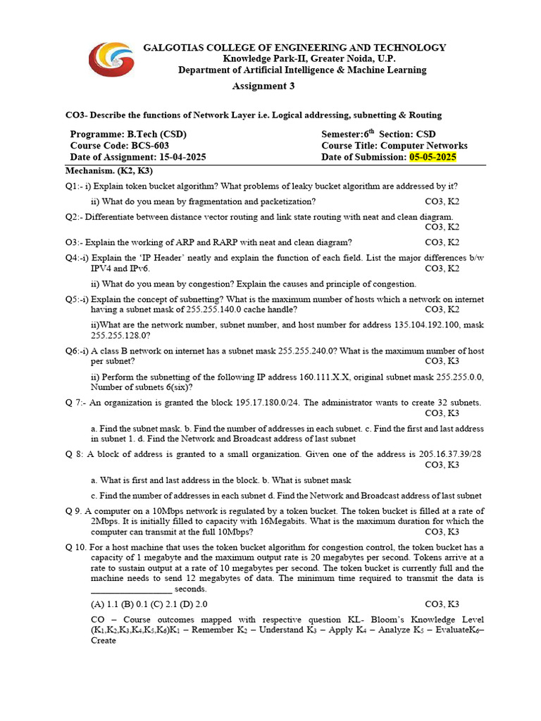Assignment 3 Unit 3 - CN - 2024-25 | PDF | Internet Protocols | Telecommunications