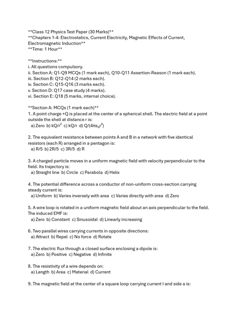 Class 12 Physics MCQ Test Paper | PDF | Magnetic Field ...