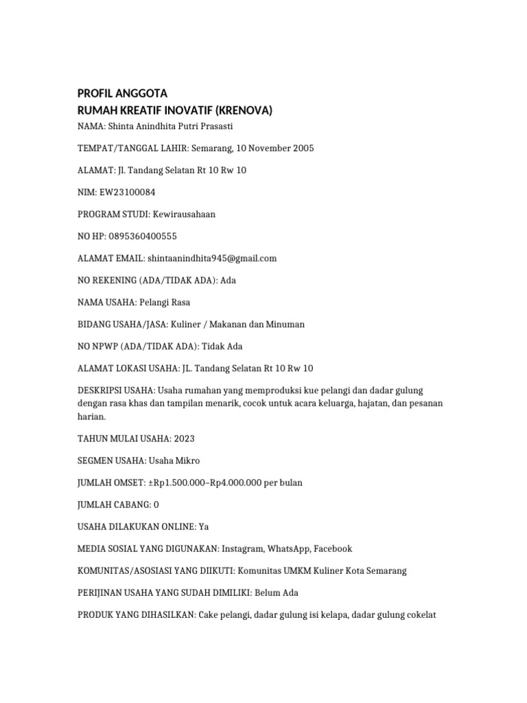 Profil Anggota KRENOVA Shinta | PDF