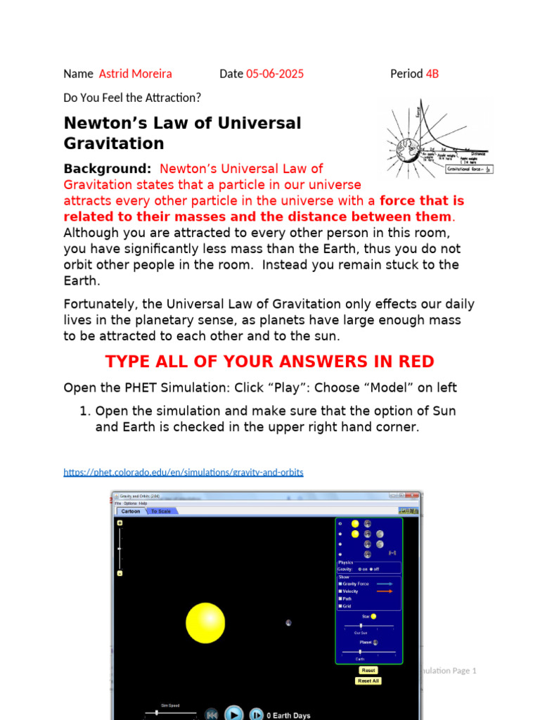 Newtons Law of Universal Gravitation PHET Simulation 23-24 | PDF ...