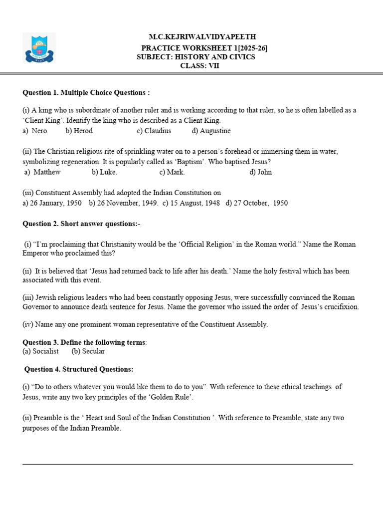 CL 7 History Practice Worksheet 1 (2025-26) | PDF
