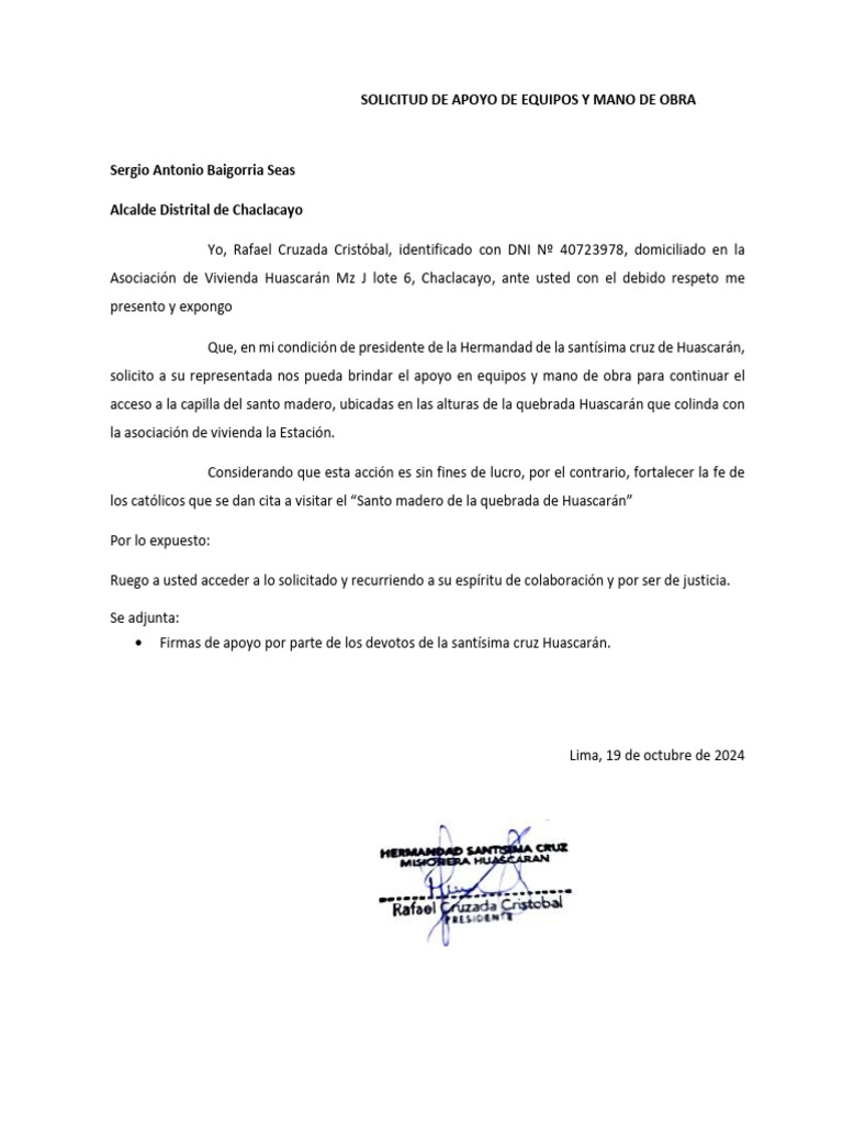 Solicito de Apoyo de Equipo y Mano de Obra - Alcande Chaclacayo | PDF