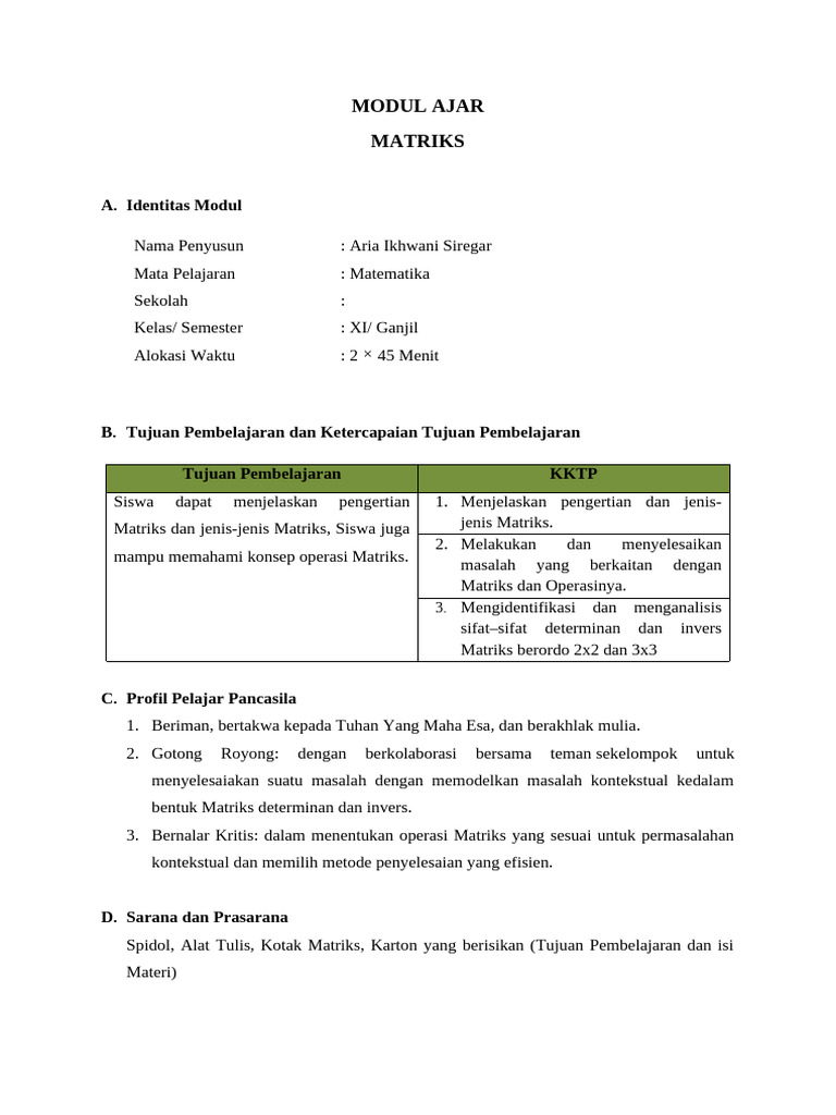 Modul Ajar Matematika: Matriks Kelas XI | PDF