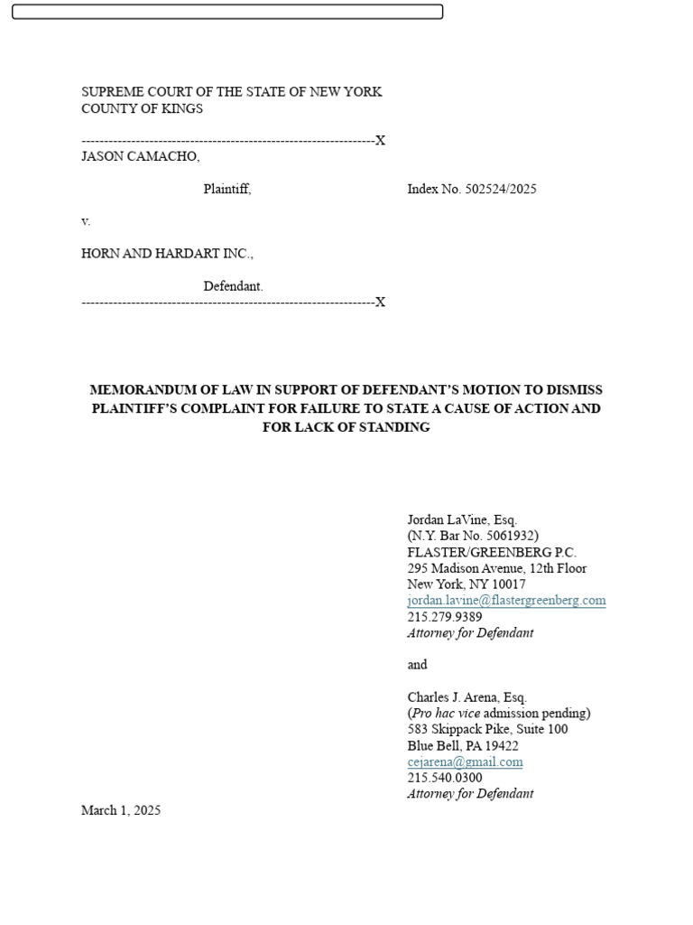 2025 Jason Camacho V Horn and Hardart Inc Memorandum of Law I 12 | PDF ...