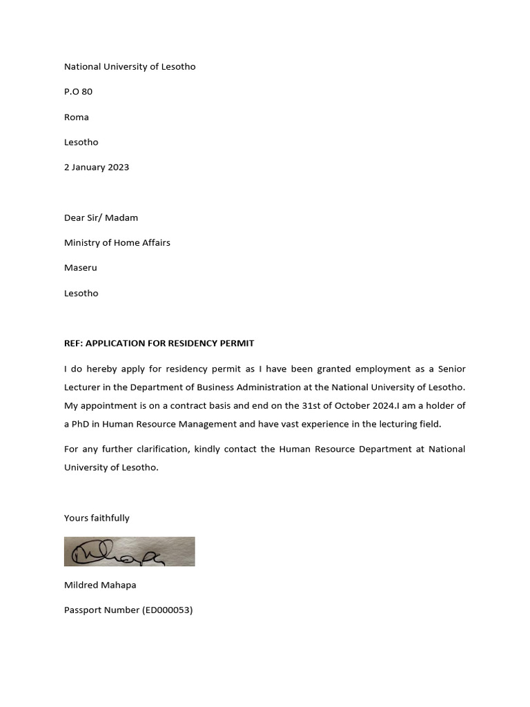 Residency Permit Application - Mildred Mahapa | PDF