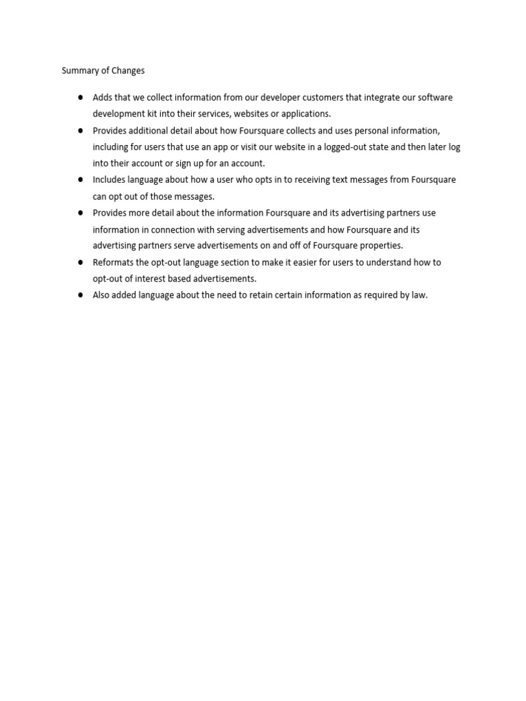 Summary of Changes To March 2016 Privacy Policy | PDF