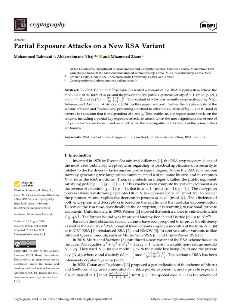 Partial Exposure Attacks on RSA Variant | PDF | Espionage Techniques ...