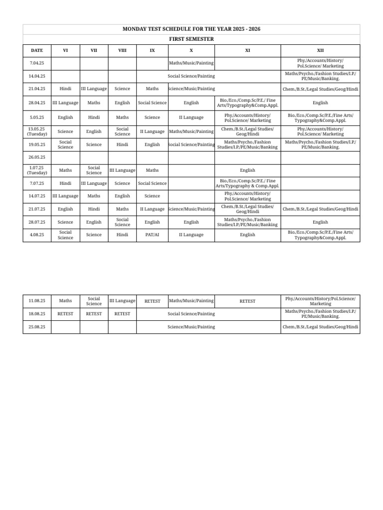 Monday Exam Schedule 2025-26 | PDF