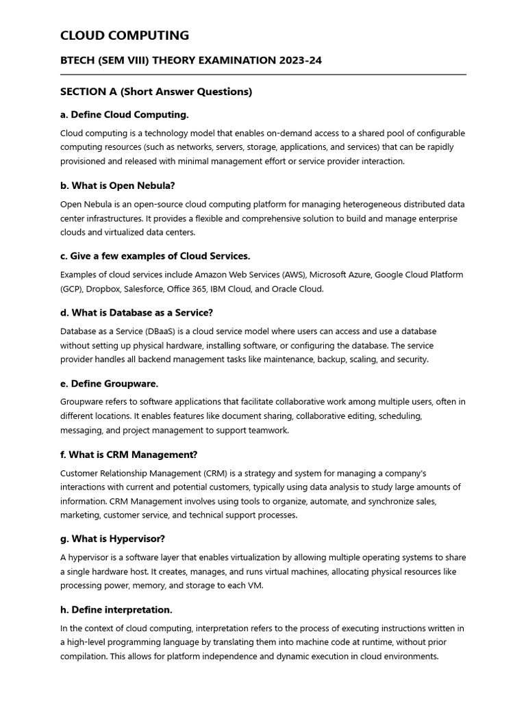 Cloud Computing Exam Answers 2024 | PDF | Virtualization | Cloud Computing
