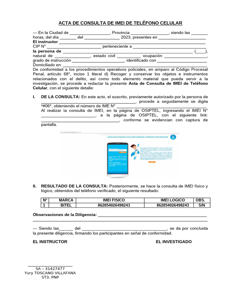 Acta de Consulta de IMEI de Telefono Celular Yury Toscano JURISPOL | PDF | Justicia | Crimen y ...