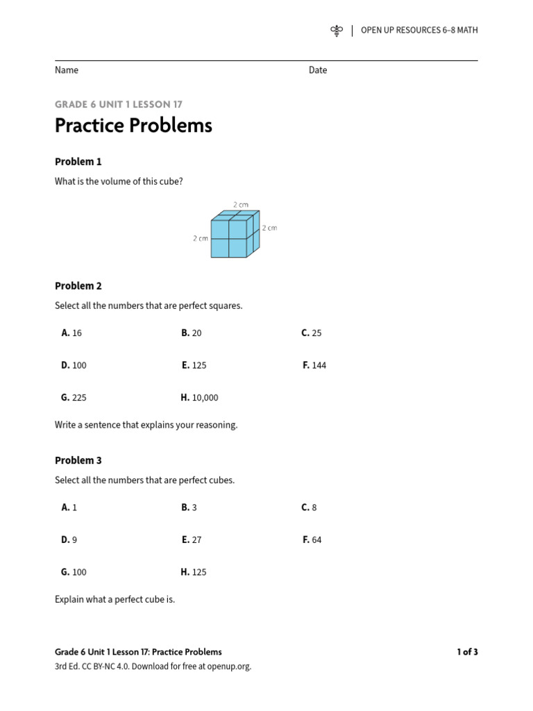 Squares and Cubes Practice Problems | PDF | Area | Polytopes