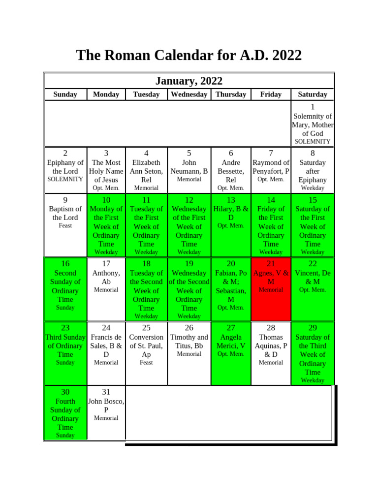 The Roman Calendar For 2022 | PDF | Workweek And Weekend | Lent