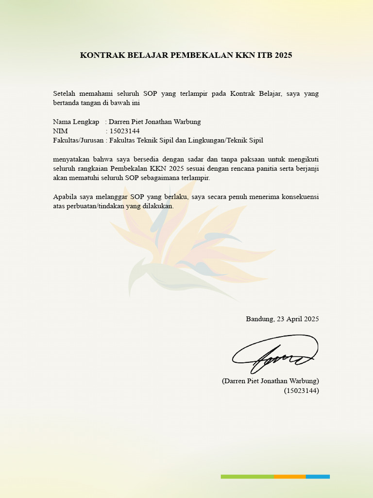 Kontrak Belajar Pembekalan KKN ITB 2025 | PDF