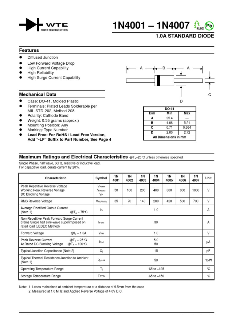 Diodo Rectificador 1N4007 Datasheet | Electric Current | Capacitor