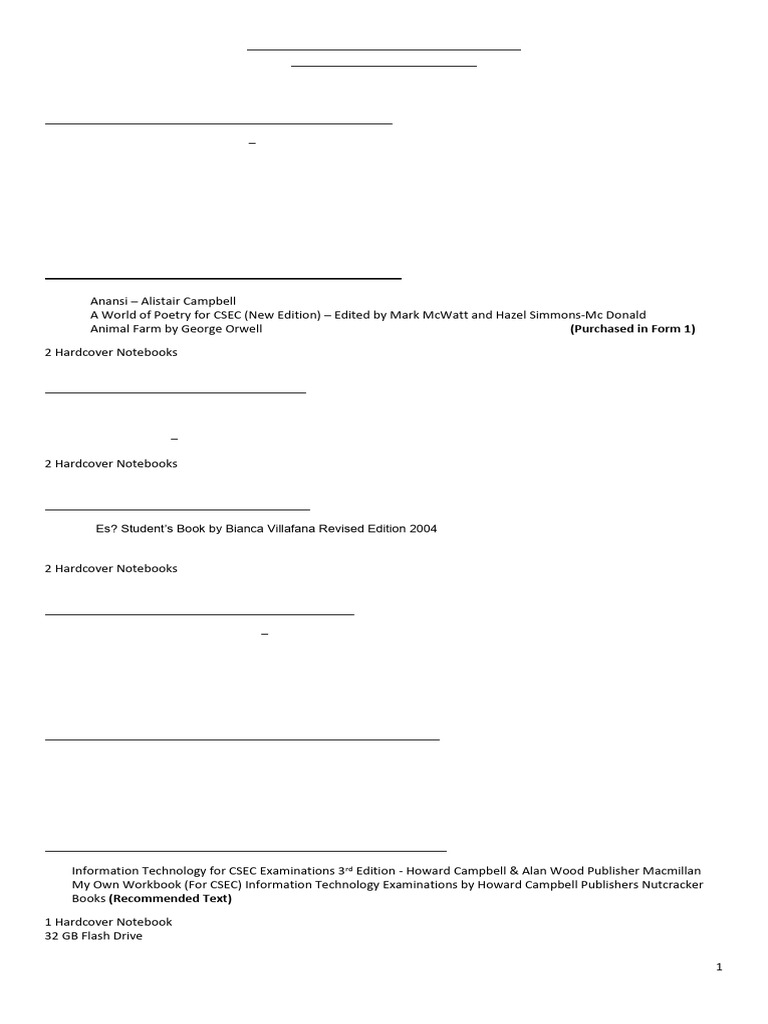 Woodbrook Secondary School Form 5 Booklist 2024 | PDF | Pencil