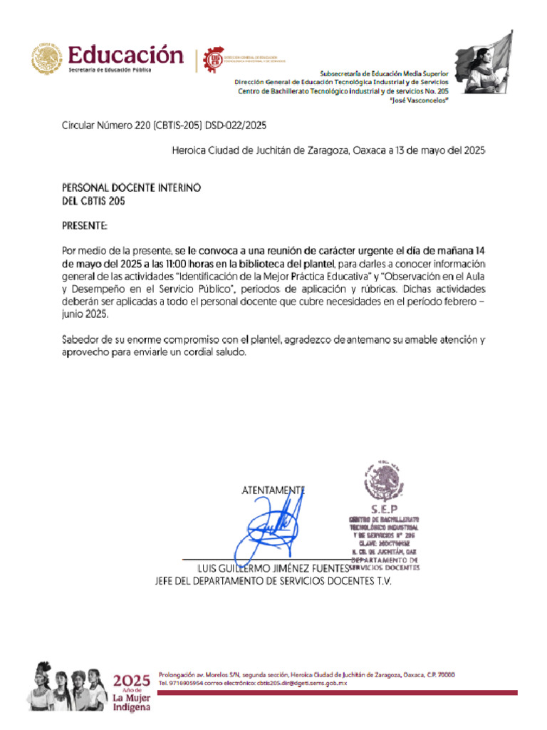 Circular Número 220 (CBTIS-205) DSD-022 2025 | PDF