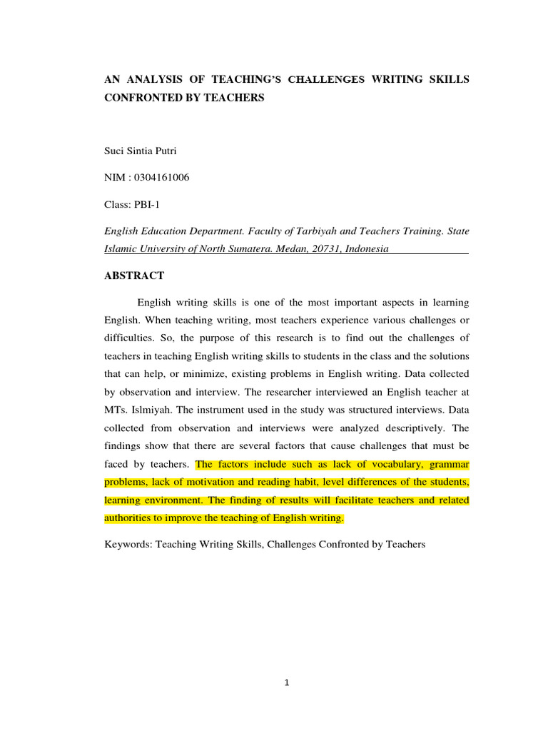 W12. An Analysis of Teaching's Challenges Writing Skills Confronted by ...