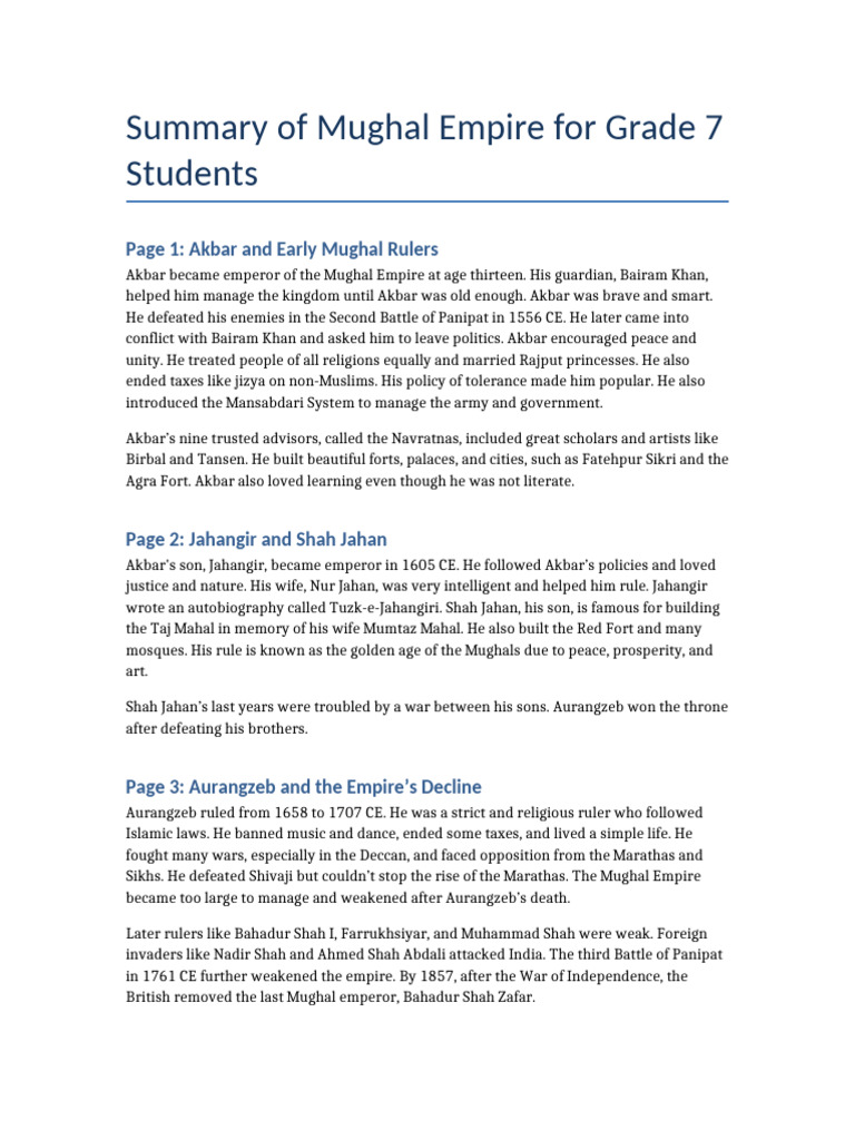 Mughal Empire Grade7 Summary | PDF | Mughal Empire